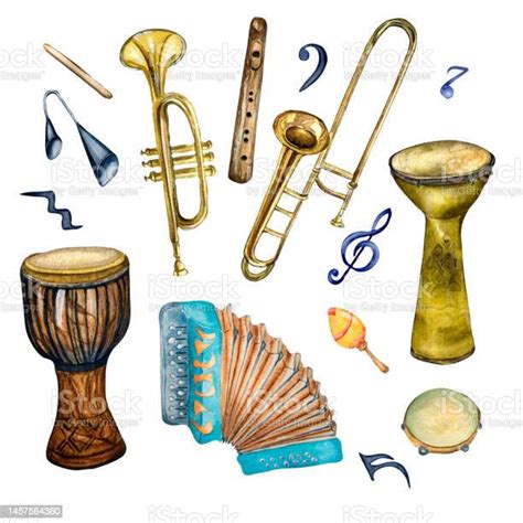 Seperangkat Alat Musik Jazz Dan Simbol Ilustrasi Cat Air Terisolasi