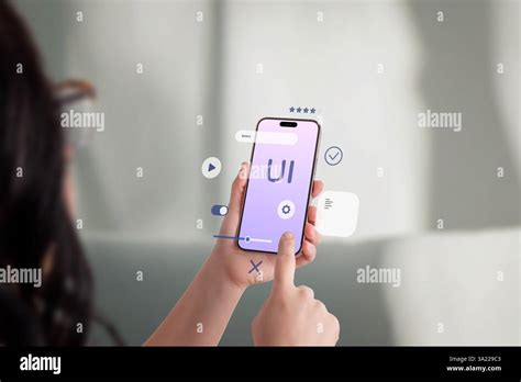 Young Woman Interacting With Smartphone Floating Ui Elements User