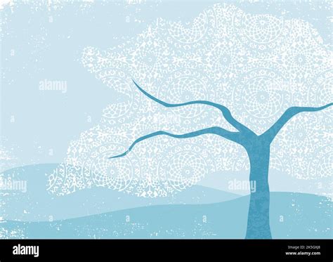 An Abstract Landscape With Lacey Canopy Tree In A Cut Paper Style With