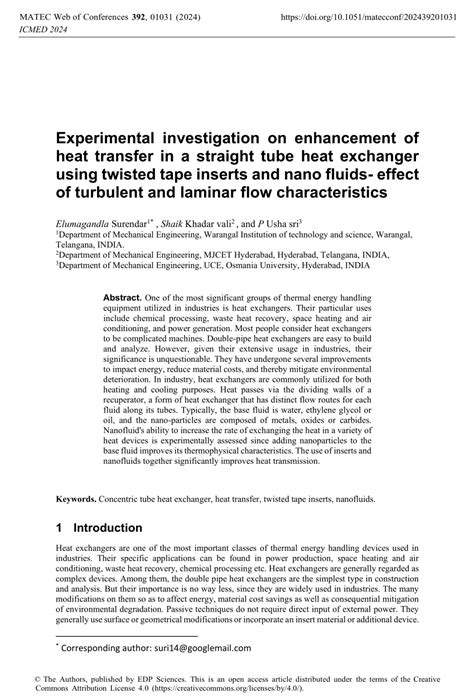 Pdf Experimental Investigation On Enhancement Of Heat Transfer In A Straight Tube Heat