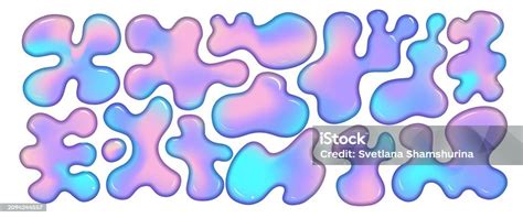 3d 홀로그램 액체 추상 유기 모양 세트 현대적인 미래 지향적인 디자인을 위해 Y2k 홀로그램 유체 벡터 요소를 설정합니다 점액 덩어리 밀링 벡터 일러스트 레이 션입니다 0