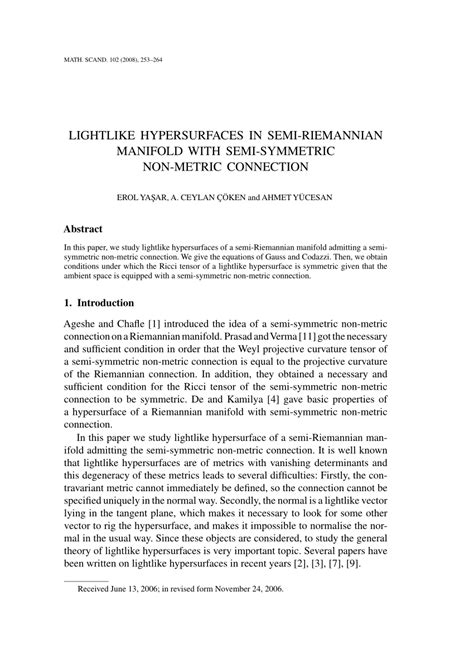 Pdf Lightlike Hypersurfaces In Semi Riemannian Manifold With Semi Symmetric Non Metric Connection