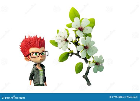 Cartoon Character With Readhead And Cherry Blossom Branch Isolated On