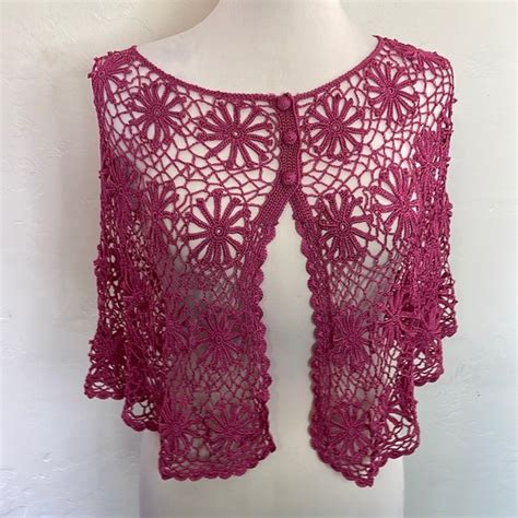Not Listed Sweaters Boho Ruby Red Floral Crocheted Three Button