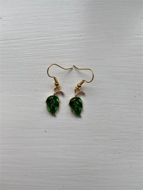 Green Leaf Earrings Enamel And Gold Plated Earrings Autumn Etsy