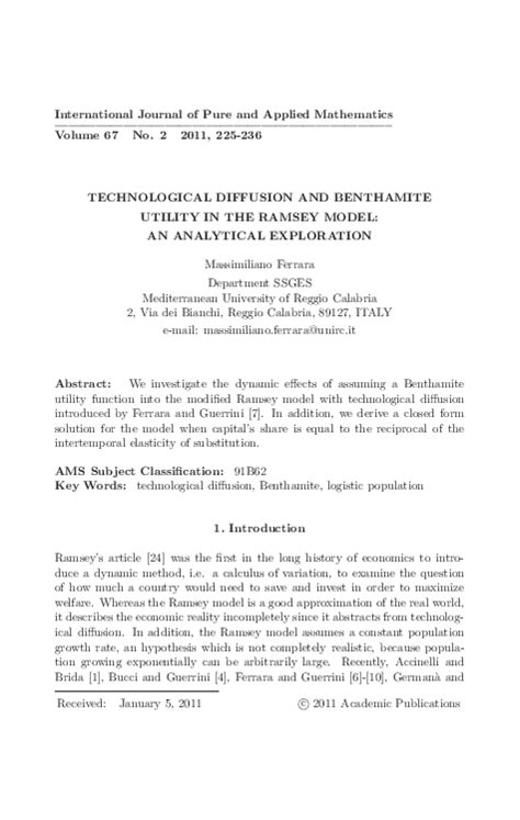 Pdf Technological Diffusion And Benthamite Utility In The Ramsey