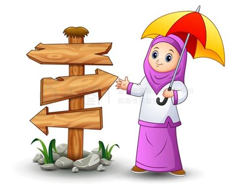 卡通免抠元素 拿着雨伞的穆斯林女孩卡通 素材免费下载 626像素 Ai格式 编号66458916 千图网