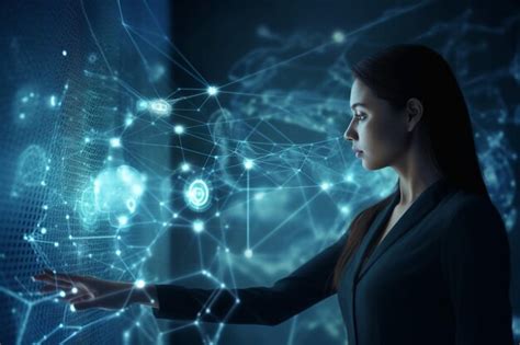 Premium Ai Image A Woman In A Suit Stands In Front Of A Screen That