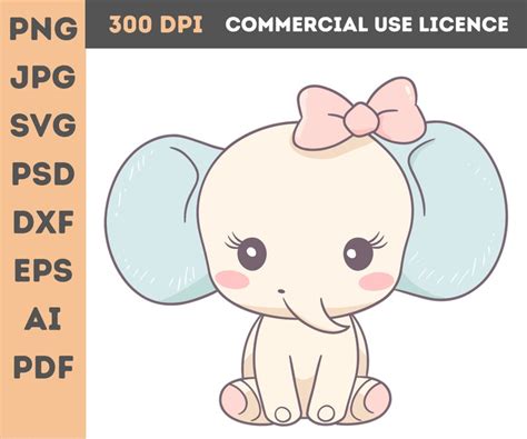 Clipart De Elefante Kawaii En Formato Png Svg Pds Dxf Eps Ai Pdf