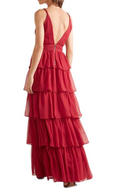 Macloth Straps V Neck Tiered Long Chiffon Prom Dress Red Formal Evenin
