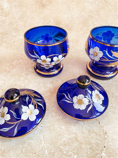 A Pair Of Cobalt Blue Bohemian Glass Lidded Jars Etsy