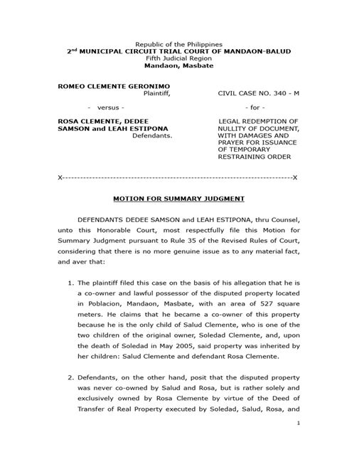 Motion For Summary Judgment Sola Pdf Summary Judgment Deed