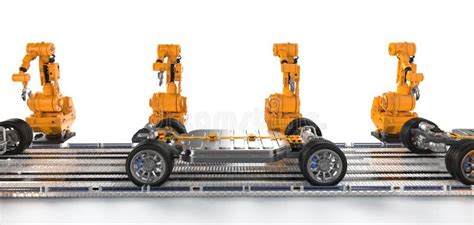 Robot Assembly Line With Ev Car Battery On Undercarriage Platform Stock Illustration