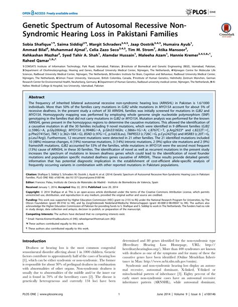Pdf Genetic Spectrum Of Autosomal Recessive Non Syndromic Hearing