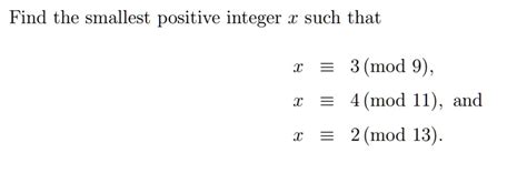solved find the smallest positive integer € such that x 3 mod 9 i
