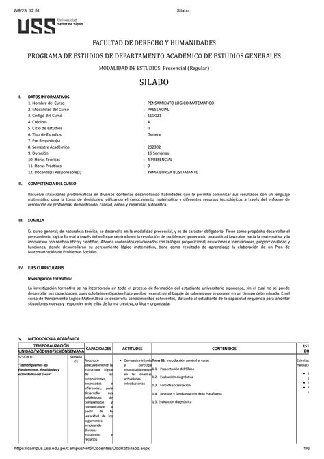 Sílabo Derecho Y Humanidades Facultad De Derecho Y Humanidades