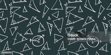 손으로 쓴 흰색 수학적 인물 삼각형 어두운 파란색 또는 검은 색 사각형 종이의 모서리가있는 벡터 귀여운 매끄러운 패턴 개체 그룹에 대한 스톡 벡터 아트 및 기타 이미지