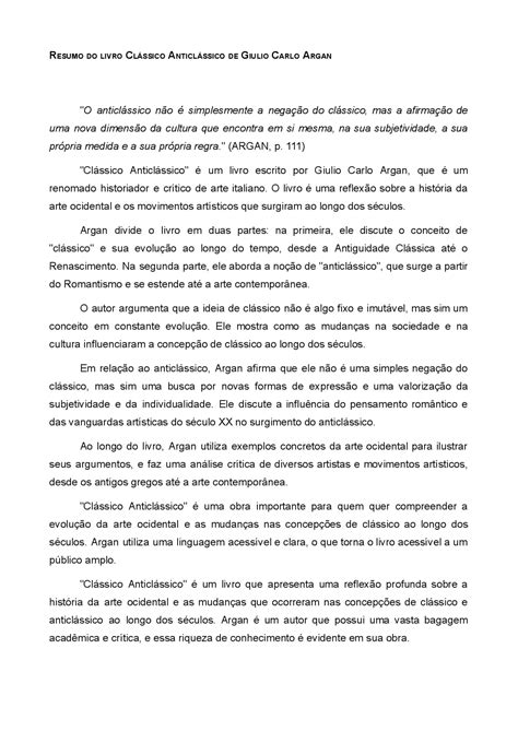 Resumo Do Livro Clássico Anticlássico De Giulio Carlo Argan Resumos