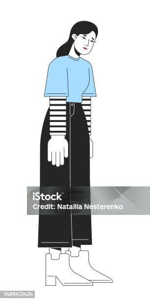 우울한 소녀 아래로 머리를 아래로 선형 평면 컬러 벡터 문자 2차 도형에 대한 스톡 벡터 아트 및 기타 이미지 2차 도형 고독 개념 고독 부정적인 감정 표현 Istock