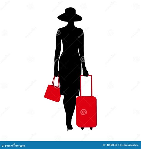 The Young Women Silhouette Walking With The Red Suitcase Stylish Chic