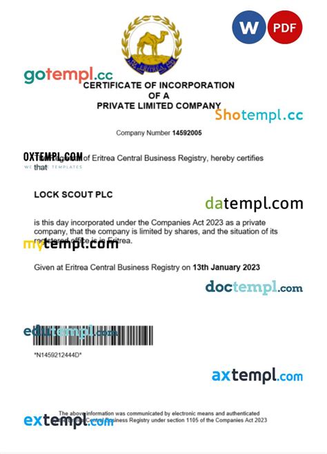 Eritrea Business Registration Certificate Word And Pdf Template