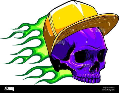 Skull With Hat And Flames Vector Illustration Stock Vector Image And Art