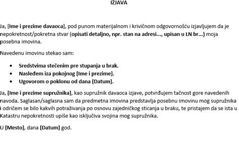 Izjava Supružnika O Posebnoj Imovini Besplatan Primer I Obrazac