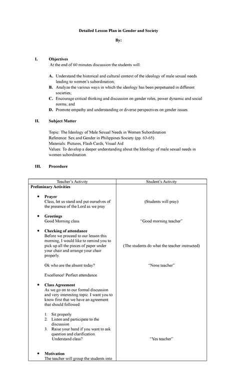 Detailed Lesson Plan In English Detailed Lesson Plan In Gender And Society By I Objectives