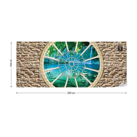 Fotobehang Stone Wall Tropical Waterfall Lake PANORAMIC 250cm X