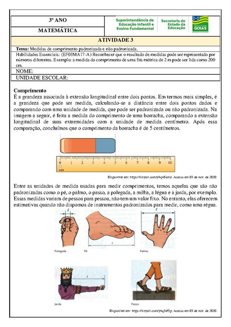 Atividade 3 Tema Medidas De Comprimento Padronizada E Nao Padronizada