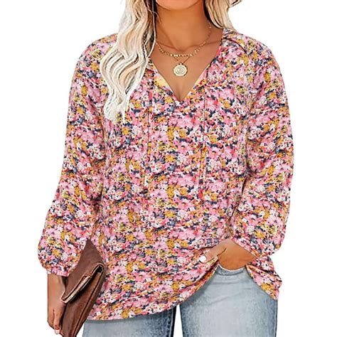 Cassie Liz Womens Plus Size Floral Blouses Long Sleeve Boho Pink Tops V