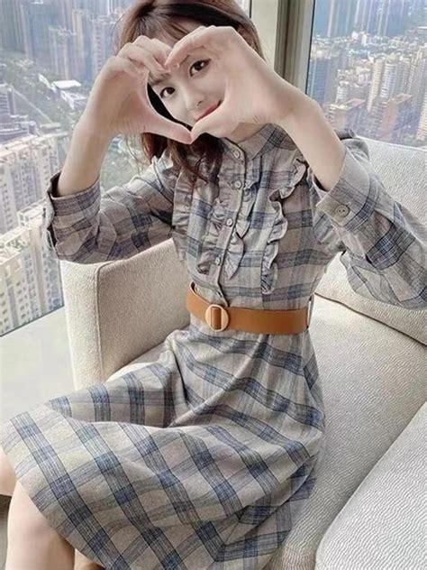 스트레이트 블루 여름 빛 드레스 격자 무늬 패션 2021 빈티지 리넨 한국어 플러스 크기 캐주얼 퍼프 슬리브 미디 루스 여성 드레스
