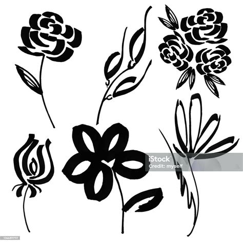 마커 밝은 빨간 꽃 잎 손으로 그린 라인 스트로크 패턴 수채화 세트 개체 그룹에 대한 스톡 벡터 아트 및 기타 이미지 개체 그룹 거친 검은색 Istock