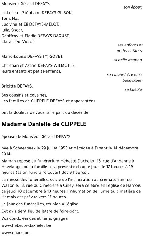 Avis De Décès De Danielle De Clippele Décédé Le 14122014 à Dinant