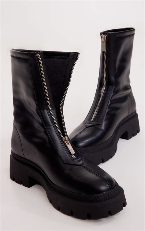 Black Pu Round Toe Chunky Ankle Zip Sock Boots Footwear