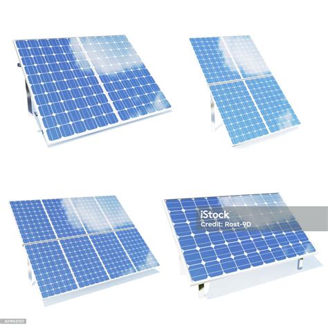 태양 전지 패널 절연 옴 흰색 배경 Environmetn 태양 전지 패널의 집합입니다 푸른 태양 전지 패널입니다 개념 대체 에너지입니다 3 차원 일러스트 레이 션 태양