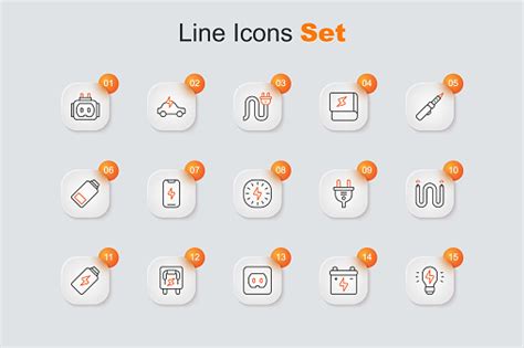 크리 에이 티브 램프 조명 아이디어 자동차 배터리 전기 콘센트 패널 배터리 충전 케이블 플러그 및 번개 볼트 아이콘을 설정합니다