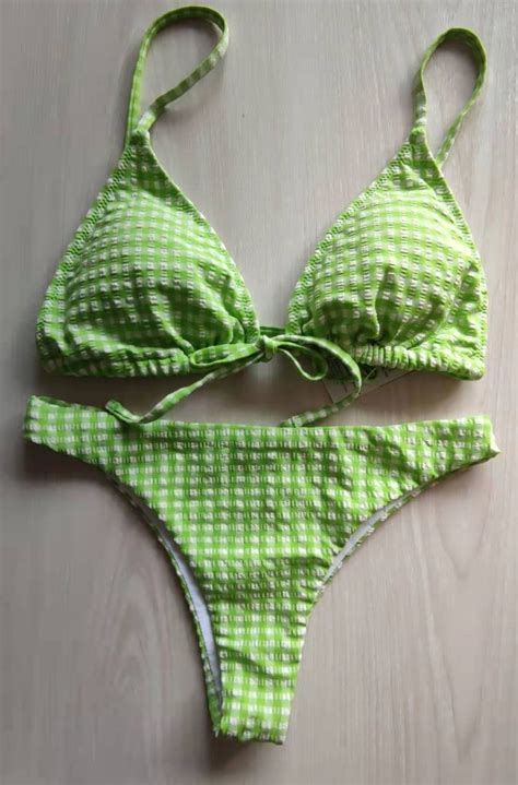 Different Color Plaid Splits Women Thong Swimming Wear Bikinis And