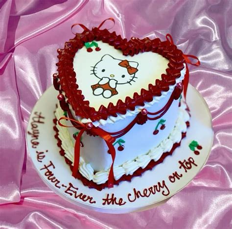 Red And White Hello Kitty Small Heart Cake With Red Ribbion Bow