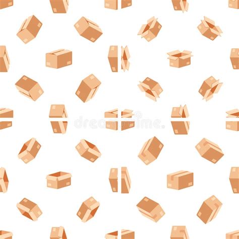 Seamless Pattern Of Open And Closed Cardboard Boxes Rotating On White