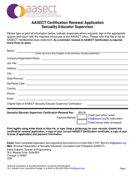 Fillable Online Aasect Certification Renewal Application Sex Therapist
