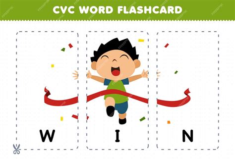 귀여운 만화 Win 일러스트 인쇄용 플래시 카드로 자음 모음 자음 단어를 배우는 어린이를위한 교육 게임 프리미엄 벡터