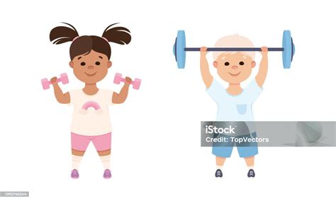 스포츠 세트를하는 아이들 아령과 리프팅 바벨 만화 벡터 일러스트 레이 션으로 운동하는 귀여운 아이들 개체 그룹에 대한 스톡 벡터