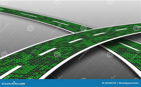 Digital Data Streaming On A Highway Series Of Digits Binary Code In Green On Grey Background