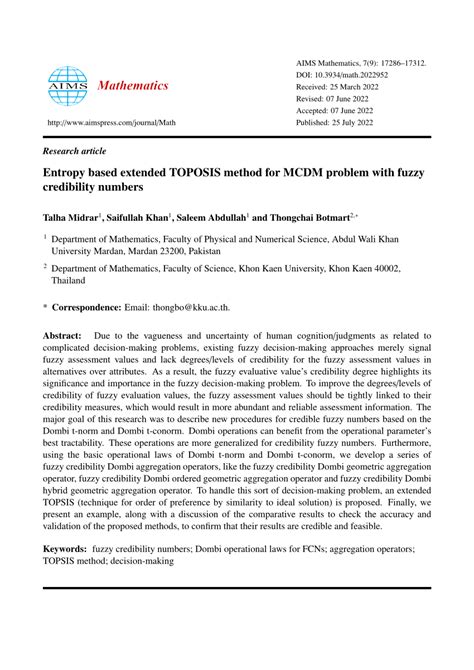 Pdf Entropy Based Extended Toposis Method For Mcdm Problem With Fuzzy Credibility Numbers