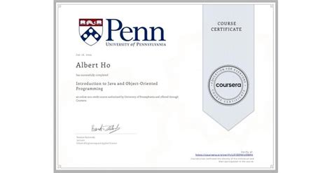 Completion Certificate For Introduction To Java And Object Oriented Programming Albert Ho