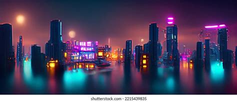 Cyberpunk Neon City Night Futuristic City Stock Illustration 2215439827