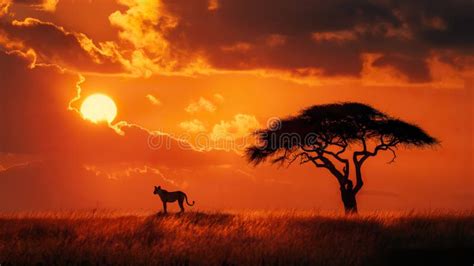 African Savannah Sunset Landscape With Cheetah Silhouette Stock