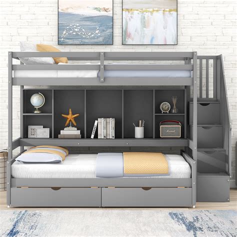 Solid Wood Twin Xl Over Full Bunk Bed With Two Drawers And Staircase