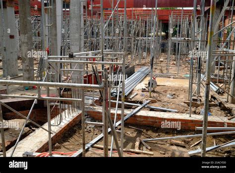 Setting Up Scaffolding On A Construction Site Tan Chau Vietnam Stock